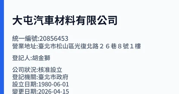 大屯汽車材料有限公司的照片-統編 20856453(臺北市) 公司登記資料與營業項目詳細圖表