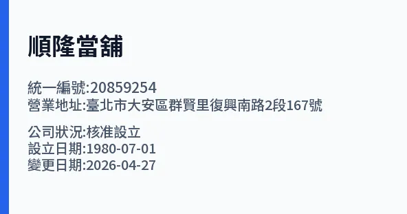 順隆當舖的照片-統編 20859254(臺北市) 公司登記資料與營業項目詳細圖表