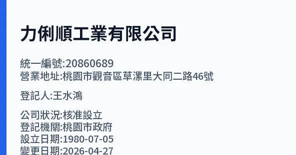 力俐順工業有限公司的照片-統編 20860689(桃園市) 公司登記資料與營業項目詳細圖表