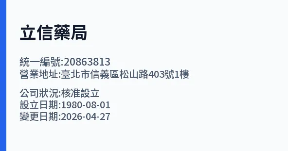 立信藥局的照片-統編 20863813(臺北市) 公司登記資料與營業項目詳細圖表