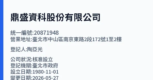 鼎盛資科股份有限公司的照片-統編 20871948(臺北市) 公司登記資料與營業項目詳細圖表