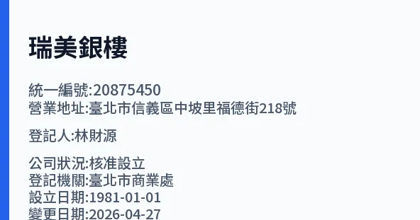 瑞美銀樓的照片-統編 20875450(臺北市) 公司登記資料與營業項目詳細圖表