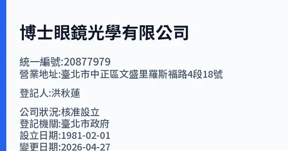 博士眼鏡光學有限公司的照片-統編 20877979(臺北市) 公司登記資料與營業項目詳細圖表