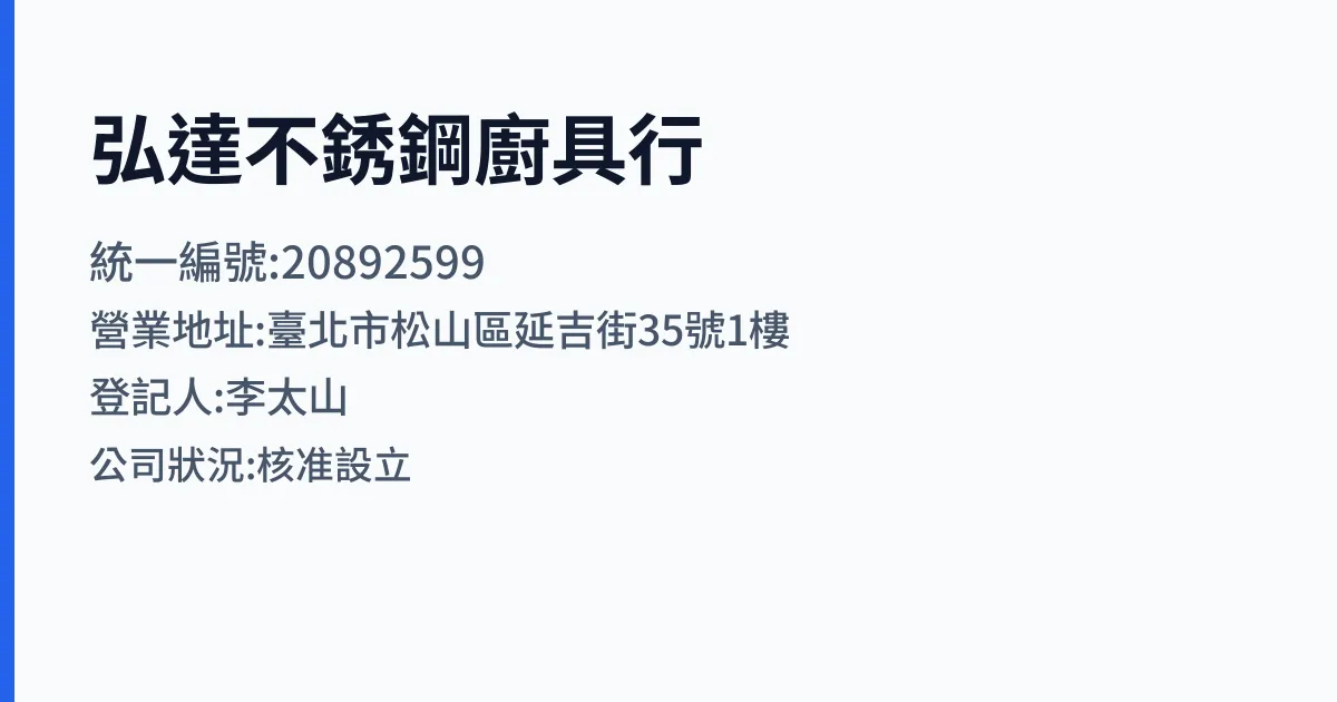 弘達不銹鋼廚具行 - 統編 20892599(臺北市) 公司登記資料與營業項目詳細圖表