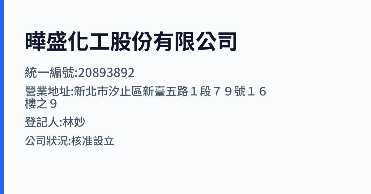 曄盛化工股份有限公司 - 統編 20893892(新北市) 公司登記資料與營業項目詳細圖表