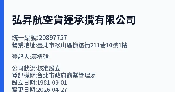 弘昇航空貨運承攬有限公司的照片-統編 20897757(臺北市) 公司登記資料與營業項目詳細圖表