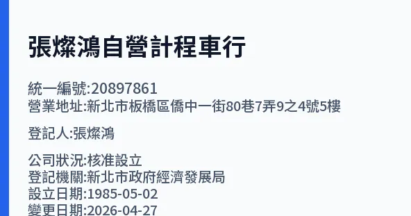 張燦鴻自營計程車行的照片-統編 20897861(新北市) 公司登記資料與營業項目詳細圖表