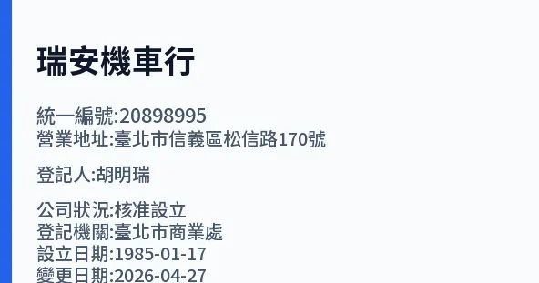 瑞安機車行的照片-統編 20898995(臺北市) 公司登記資料與營業項目詳細圖表