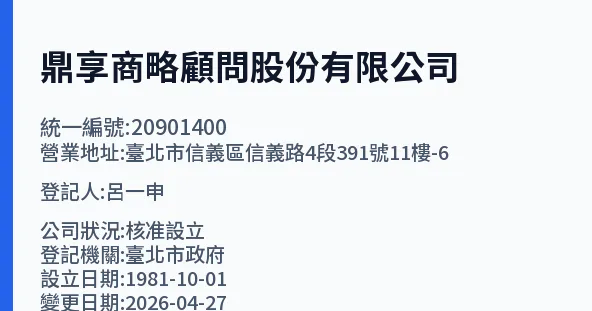鼎享商略顧問股份有限公司的照片-統編 20901400(臺北市) 公司登記資料與營業項目詳細圖表
