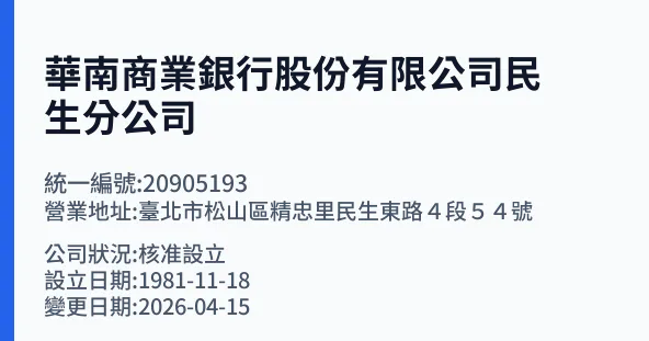 華南商業銀行股份有限公司民生分公司的照片-統編 20905193(臺北市) 公司登記資料與營業項目詳細圖表