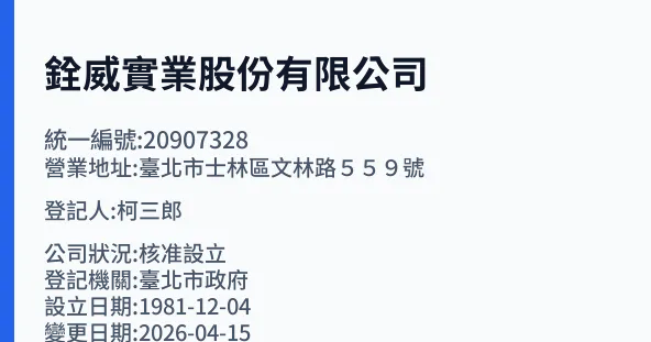 銓威實業股份有限公司的照片-統編 20907328(臺北市) 公司登記資料與營業項目詳細圖表