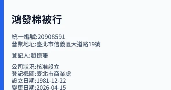 鴻發棉被行的照片-統編 20908591(臺北市) 公司登記資料與營業項目詳細圖表