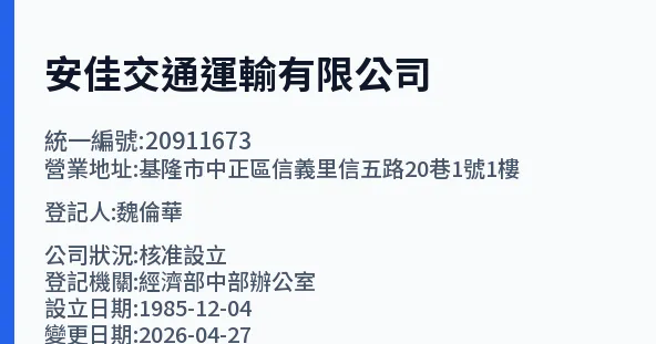 安佳交通運輸有限公司的照片-統編 20911673(基隆市) 公司登記資料與營業項目詳細圖表