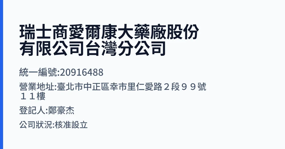 瑞士商愛爾康大藥廠股份有限公司台灣分公司 - 統編 20916488(臺北市) 公司登記資料與營業項目詳細圖表