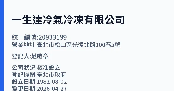 一生達冷氣冷凍有限公司的照片-統編 20933199(臺北市) 公司登記資料與營業項目詳細圖表