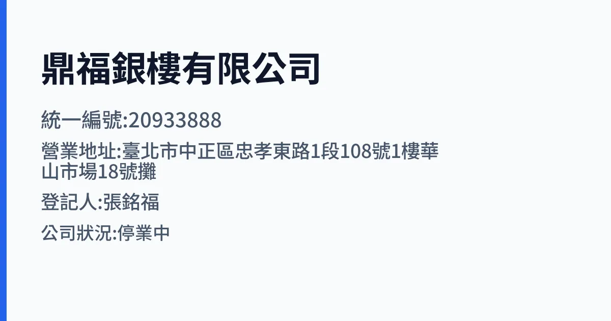 鼎福銀樓有限公司 - 統編 20933888(臺北市) 公司登記資料與營業項目詳細圖表