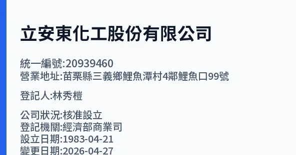 立安東化工股份有限公司的照片-統編 20939460(苗栗縣) 公司登記資料與營業項目詳細圖表