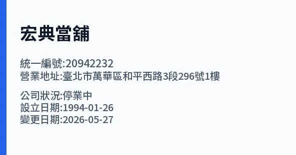 宏典當舖的照片-統編 20942232(臺北市) 公司登記資料與營業項目詳細圖表