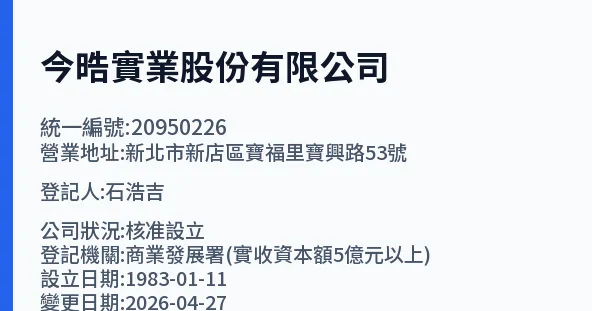 今晧實業股份有限公司的照片-統編 20950226(新北市) 公司登記資料與營業項目詳細圖表