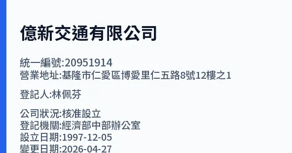 億新交通有限公司的照片-統編 20951914(基隆市) 公司登記資料與營業項目詳細圖表