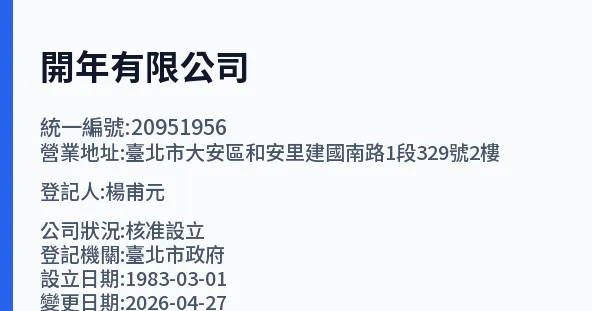 開年有限公司的照片-統編 20951956(臺北市) 公司登記資料與營業項目詳細圖表