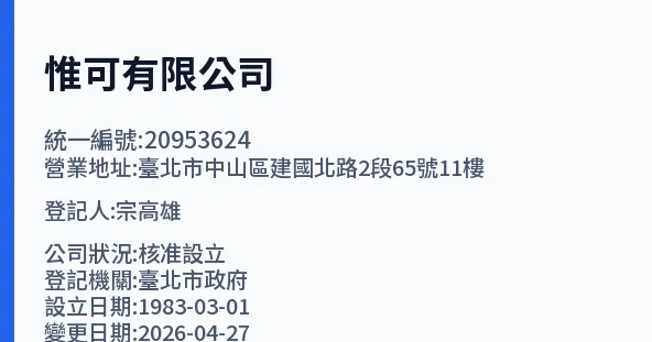 惟可有限公司的照片-統編 20953624(臺北市) 公司登記資料與營業項目詳細圖表