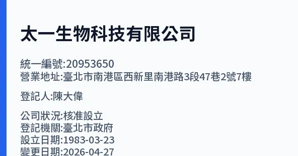 太一生物科技有限公司的照片-統編 20953650(臺北市) 公司登記資料與營業項目詳細圖表