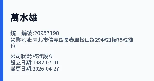 萬水雄的照片-統編 20957190(臺北市) 公司登記資料與營業項目詳細圖表