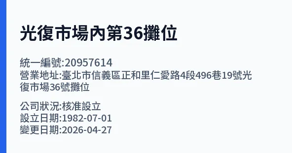 光復市場內第36攤位的照片-統編 20957614(臺北市) 公司登記資料與營業項目詳細圖表