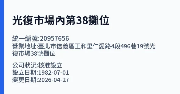 光復市場內第38攤位的照片-統編 20957656(臺北市) 公司登記資料與營業項目詳細圖表