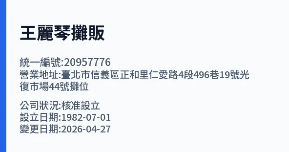 王麗琴攤販的照片-統編 20957776(臺北市) 公司登記資料與營業項目詳細圖表