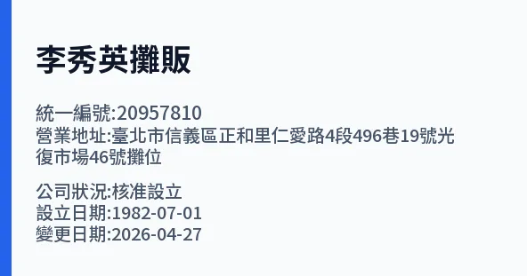 李秀英攤販的照片-統編 20957810(臺北市) 公司登記資料與營業項目詳細圖表