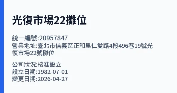 光復市場22攤位的照片-統編 20957847(臺北市) 公司登記資料與營業項目詳細圖表