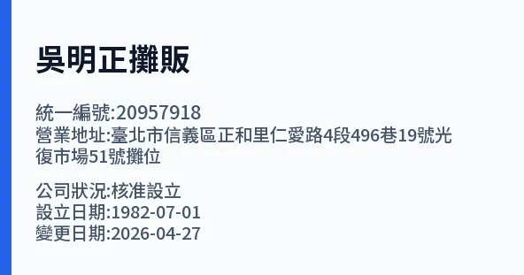 吳明正攤販的照片-統編 20957918(臺北市) 公司登記資料與營業項目詳細圖表