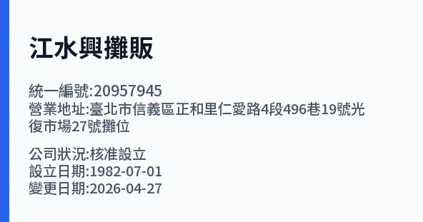 江水興攤販的照片-統編 20957945(臺北市) 公司登記資料與營業項目詳細圖表