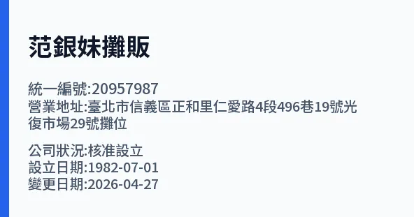 范銀妹攤販的照片-統編 20957987(臺北市) 公司登記資料與營業項目詳細圖表