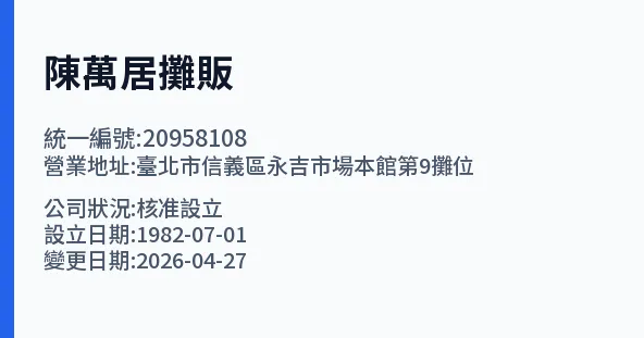 陳萬居攤販的照片-統編 20958108(臺北市) 公司登記資料與營業項目詳細圖表
