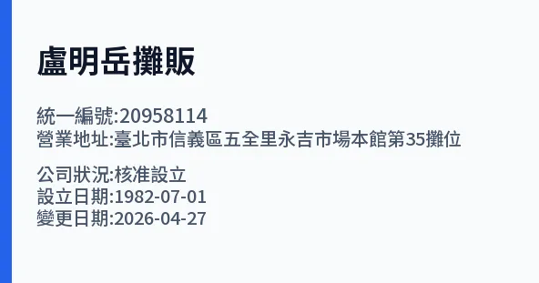 盧明岳攤販的照片-統編 20958114(臺北市) 公司登記資料與營業項目詳細圖表