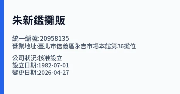 朱新鑑攤販的照片-統編 20958135(臺北市) 公司登記資料與營業項目詳細圖表