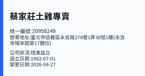 蔡家莊土雞專賣的照片-統編 20958249(臺北市) 公司登記資料與營業項目詳細圖表