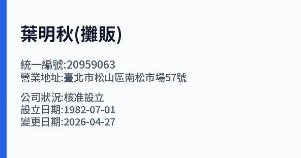 葉明秋(攤販)的照片-統編 20959063(臺北市) 公司登記資料與營業項目詳細圖表
