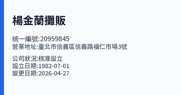 楊金蘭攤販的照片-統編 20959845(臺北市) 公司登記資料與營業項目詳細圖表