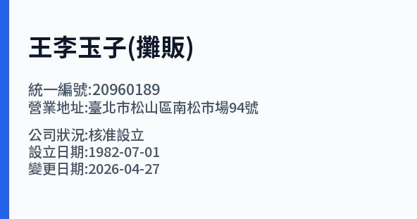 王李玉子(攤販)的照片-統編 20960189(臺北市) 公司登記資料與營業項目詳細圖表