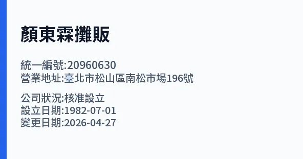 顏東霖攤販的照片-統編 20960630(臺北市) 公司登記資料與營業項目詳細圖表