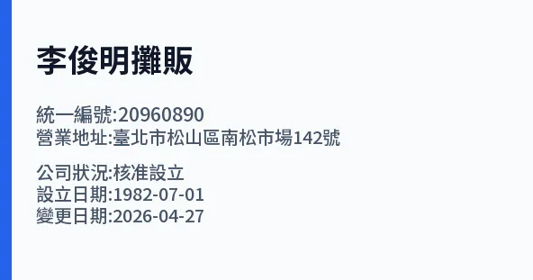 李俊明攤販的照片-統編 20960890(臺北市) 公司登記資料與營業項目詳細圖表