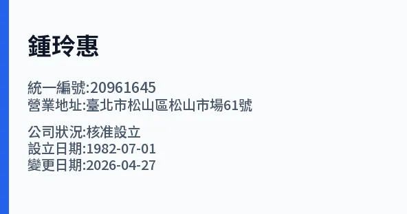 鍾玲惠的照片-統編 20961645(臺北市) 公司登記資料與營業項目詳細圖表