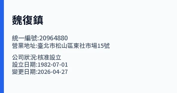 魏復鎮的照片-統編 20964880(臺北市) 公司登記資料與營業項目詳細圖表
