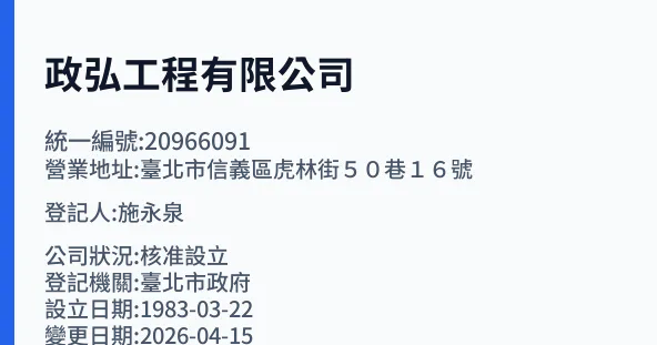 政弘工程有限公司的照片-統編 20966091(臺北市) 公司登記資料與營業項目詳細圖表
