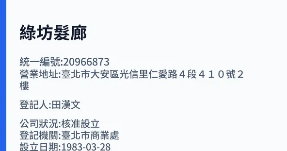 綠坊髮廊的照片-統編 20966873(臺北市) 公司登記資料與營業項目詳細圖表