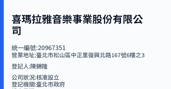 喜瑪拉雅音樂事業股份有限公司的照片-統編 20967351(臺北市) 公司登記資料與營業項目詳細圖表